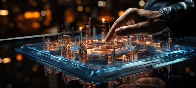 Man Touch Futuristic Tablet Interface City, Ai Stock Illustration ...