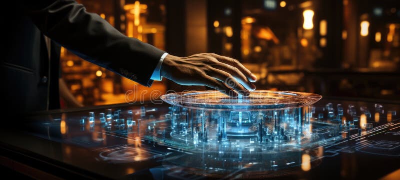 Man Touch Futuristic Tablet Interface City, Ai Stock Illustration ...