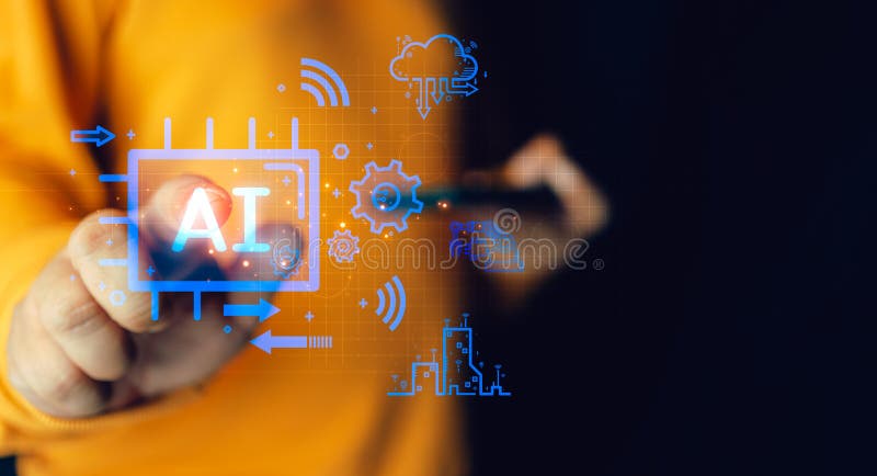 Man Touch Virtual Artificial Intelligence Network Icons. AI Artificial ...