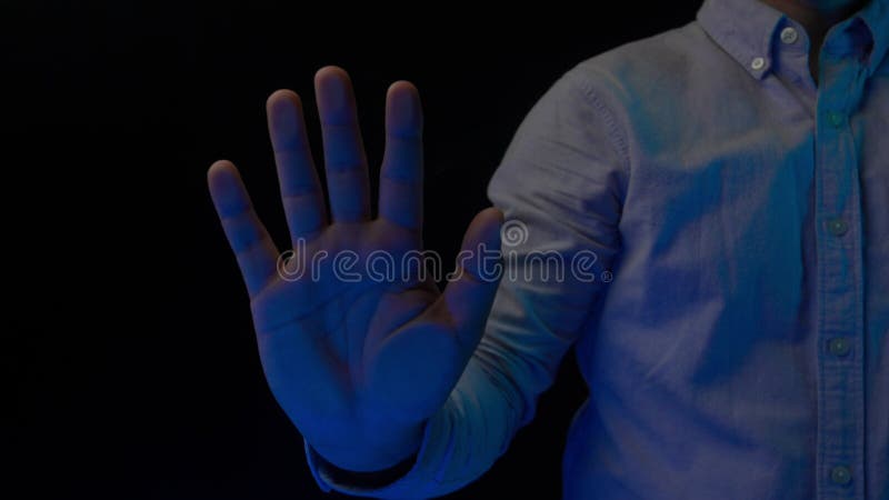 Man Touches Glass Screen Panel, Open Palm Print on Transparent Surface ...