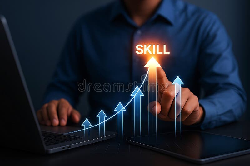 Man Touches Glowing Upward Arrow Representing Skill Development and ...