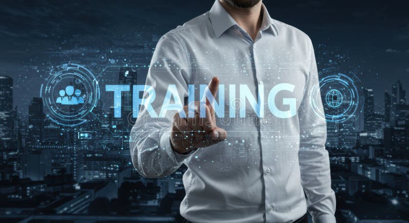 Man Touches Virtual Training Interface in Modern Business Technology ...