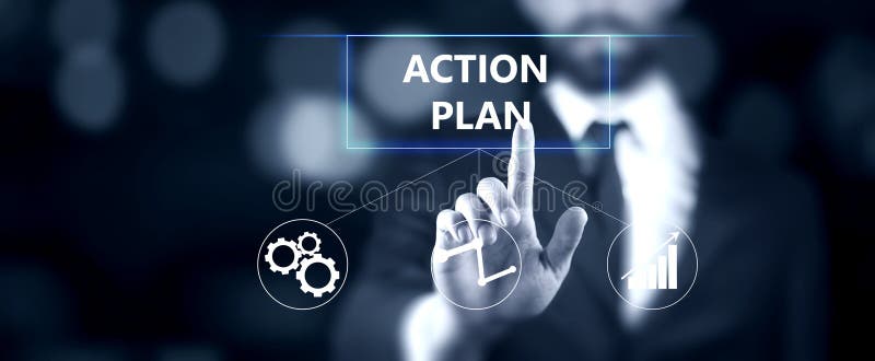 Man Touching Action Plan in Screen Stock Photo - Image of device, hand ...