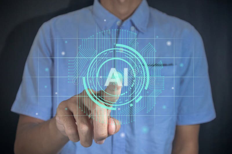 Man Touching AI Icon on Virtual Screen. Artificial Intelligence and ... Man Touching AI Icon on Virtual Screen. Artificial Intelligence and ...