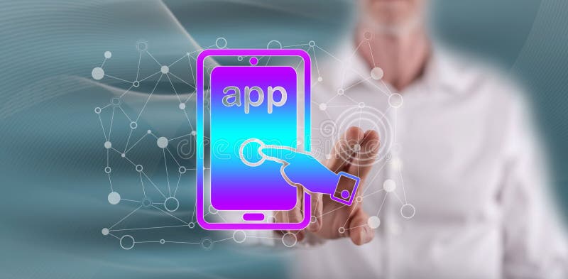 Man Touching an App Concept Stock Image - Image of person, business ...