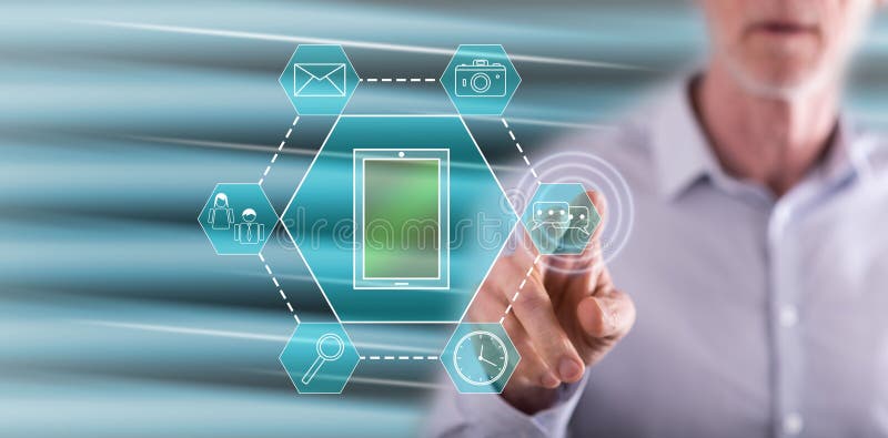 Man Touching an Apps Concept Stock Image - Image of home, circle: 210092303