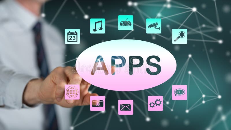 Man Touching an Apps Concept Stock Image - Image of social ...