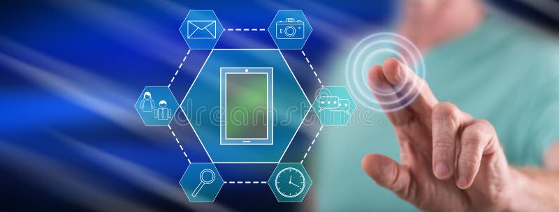 Man Touching an Apps Concept Stock Photo - Image of application, media ...