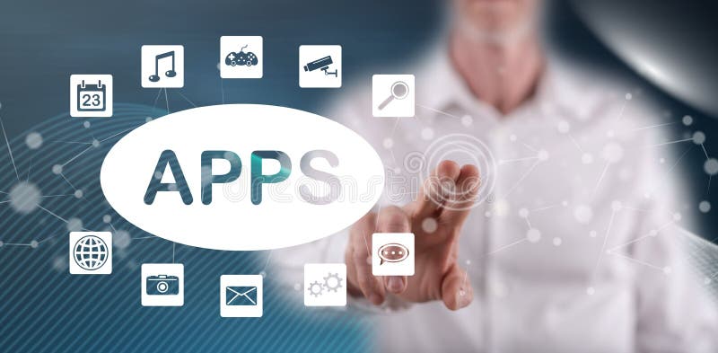 Man Touching an Apps Concept Stock Image - Image of online, media ...