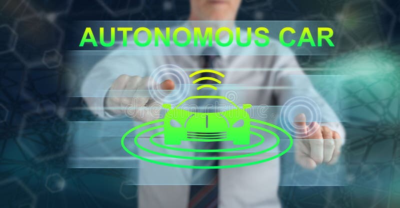 Man Touching An Autonomous Car Concept Stock Image Image Of Drive