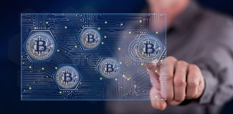 Man Touching a Bitcoin Concept Stock Photo - Image of financial, design ...