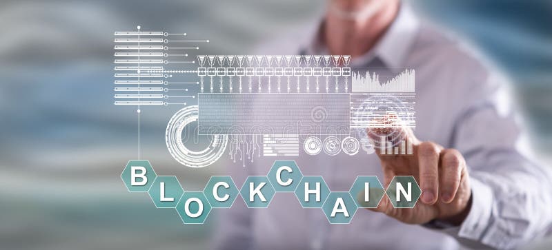 Man Touching a Blockchain Concept Stock Illustration - Illustration of ...
