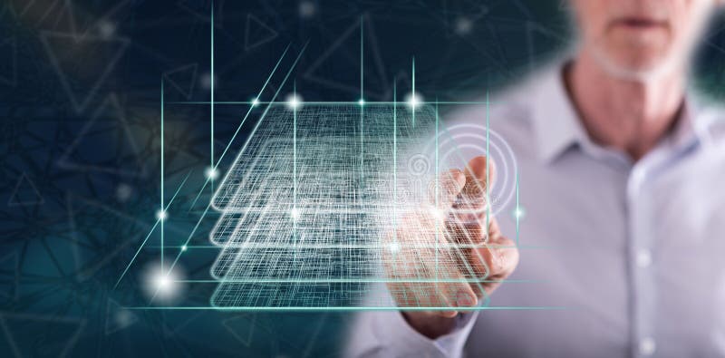 Man Touching a Blockchain Technology Concept Stock Image - Image of ...