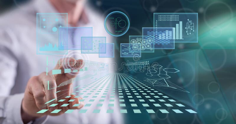 Man Touching a Business Digital Interface Concept Stock Illustration ...