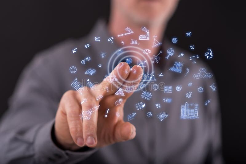 Man Touching Business Doddles on a Touch Screen Stock Photo - Image of ...