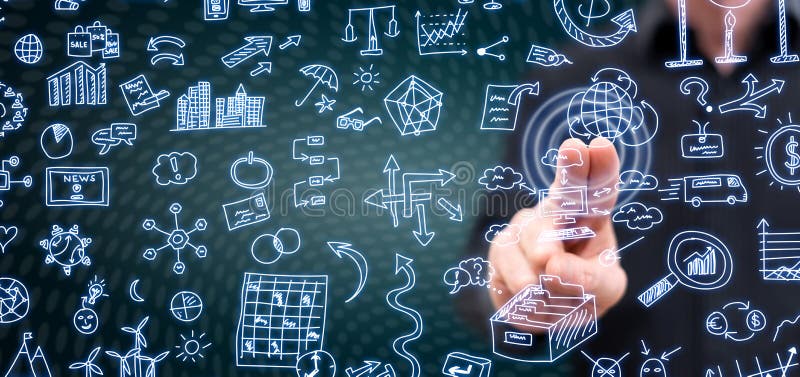 Man Touching Business Doodles Stock Image - Image of ideas, thinking ...