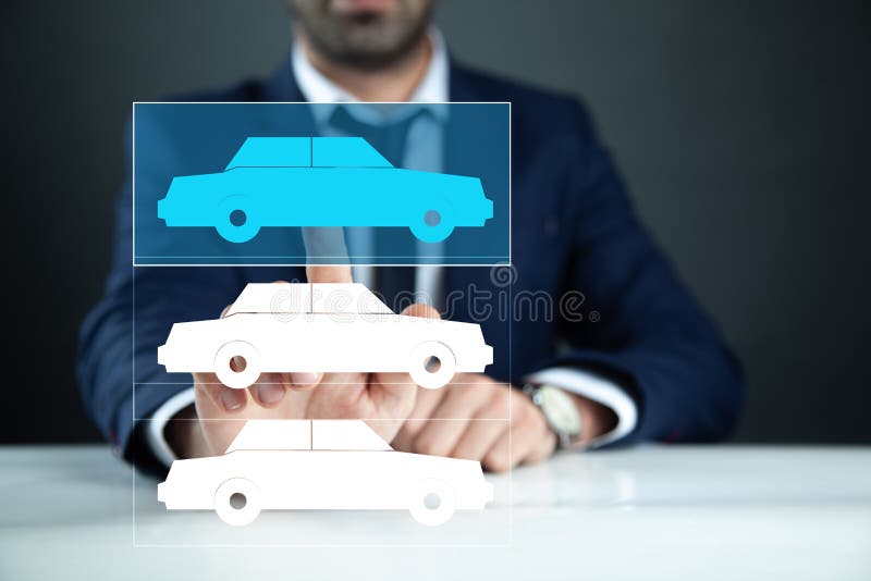 Man Touching in Car Model in Screen on Desk Stock Photo - Image of ...