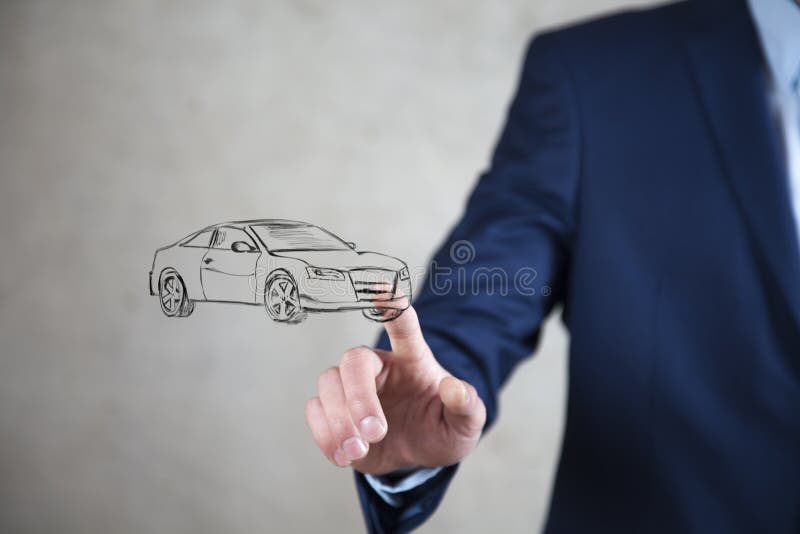 Man Touching Car in Screen on Dark Background Stock Image - Image of ...