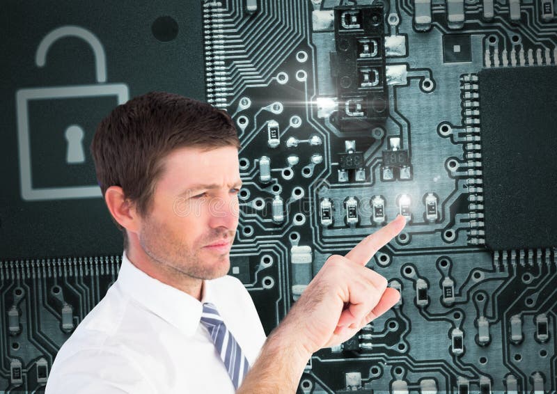 Man Touching Circuit Board Security Lock Stock Illustration ...