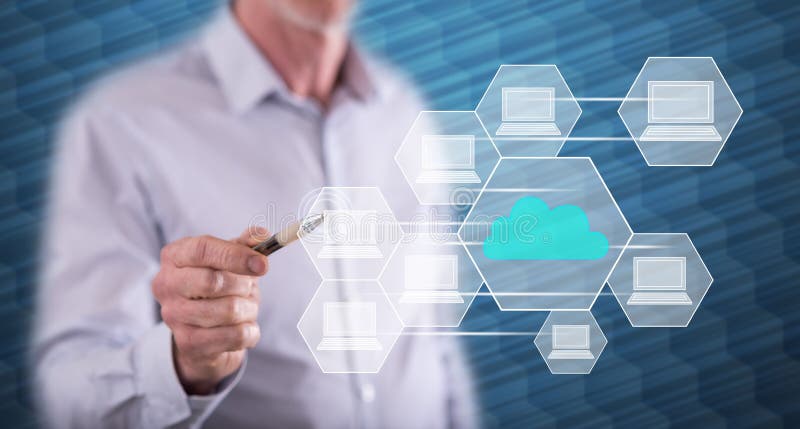 Man Touching a Cloud Computing Concept Stock Photo - Image of ...