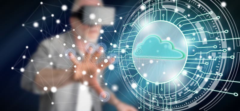 Man Touching a Cloud Computing System Concept Stock Illustration ...