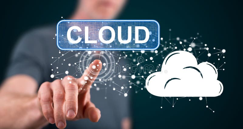 Man Touching a Cloud Concept Stock Image - Image of screen, network ...
