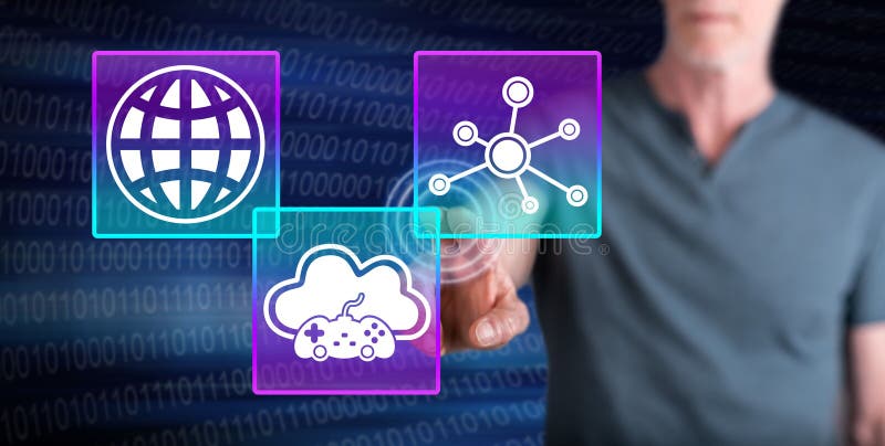 Man Touching a Cloud Gaming Concept Stock Photo - Image of online ...