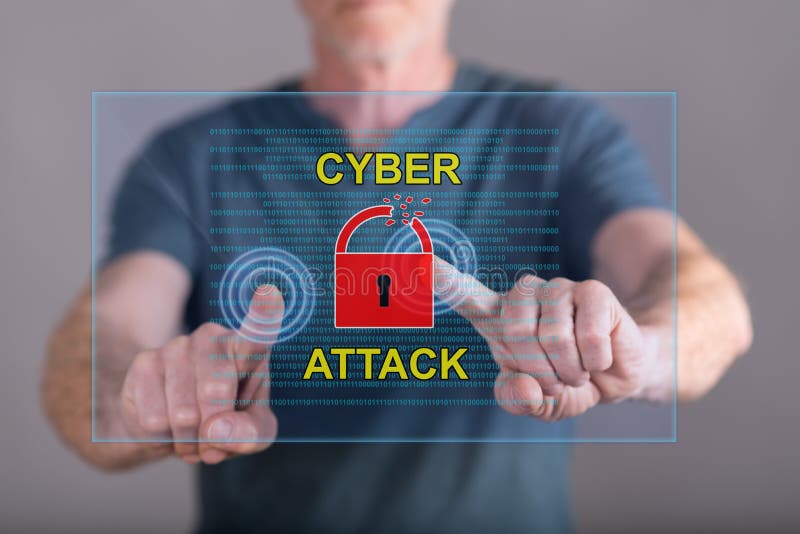 Man Touching a Cyber Attack Concept on a Touch Screen Stock Photo ...