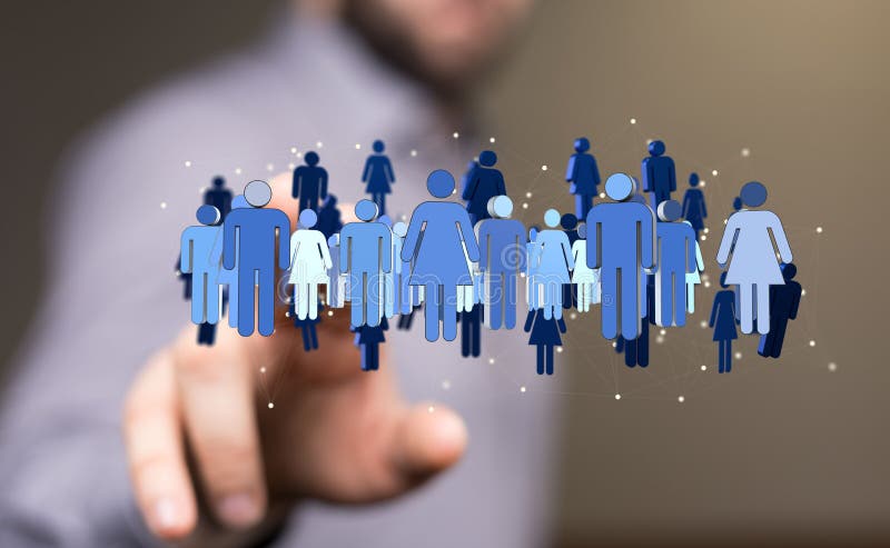 Man Touching 3D Rendered People Signs Stock Photo - Image of network ...