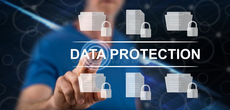 Man Touching a Data Protection Concept Stock Photo - Image of protect ...