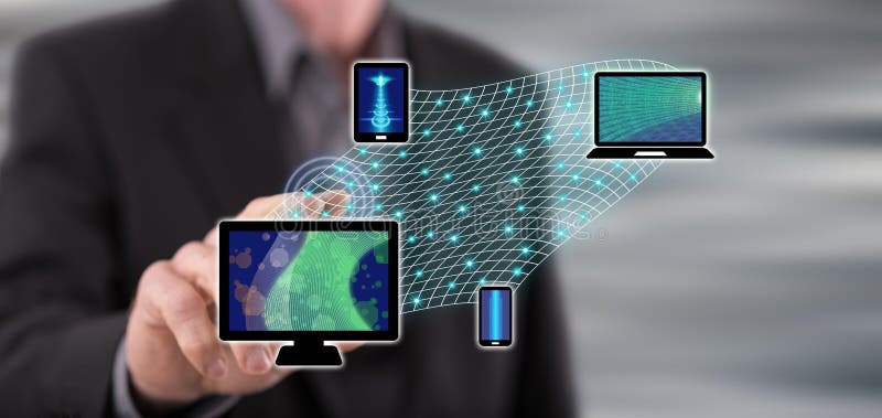 Man Touching a Device Connection Concept on a Touch Screen Stock Image ...