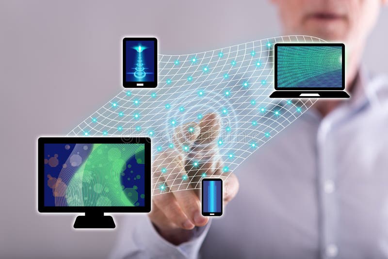 Man Touching a Device Connection Concept on a Touch Screen Stock Image ...