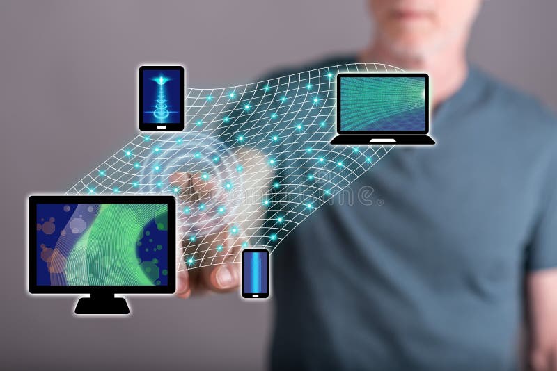 Man Touching a Device Connection Concept on a Touch Screen Stock Image ...