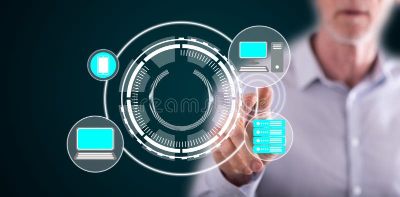 Man Touching Devices Connection Concept Stock Illustration ...