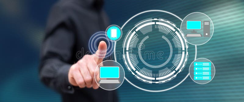 Man Touching Devices Connection Concept Stock Image - Image of concept ...