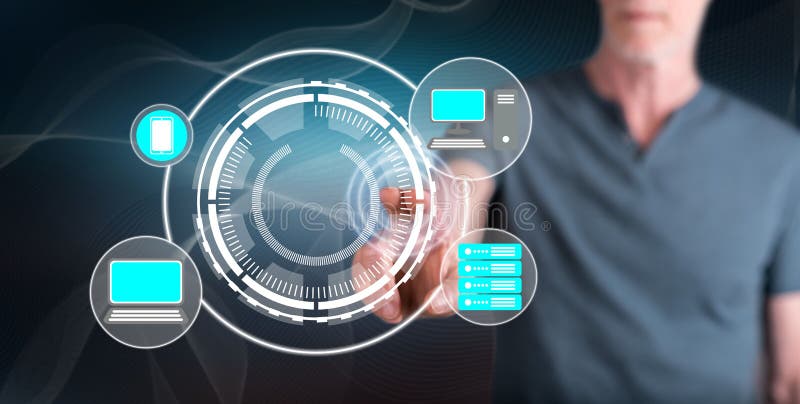 Man Touching a Devices Connection Concept Stock Photo - Image of ...