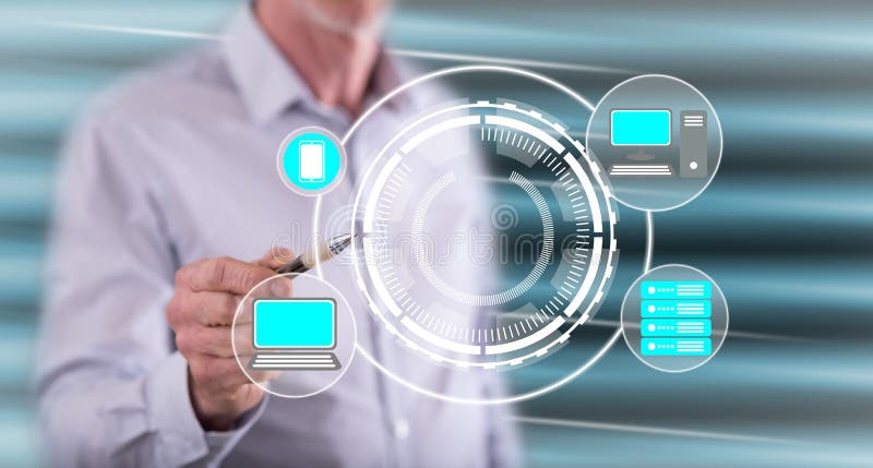 Man Touching a Devices Connection Concept Stock Photo - Image of ...
