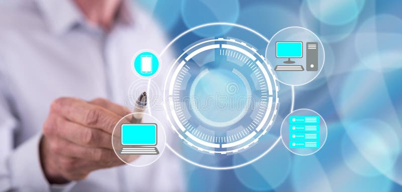 Man Touching a Devices Connection Concept Stock Image - Image of global ...