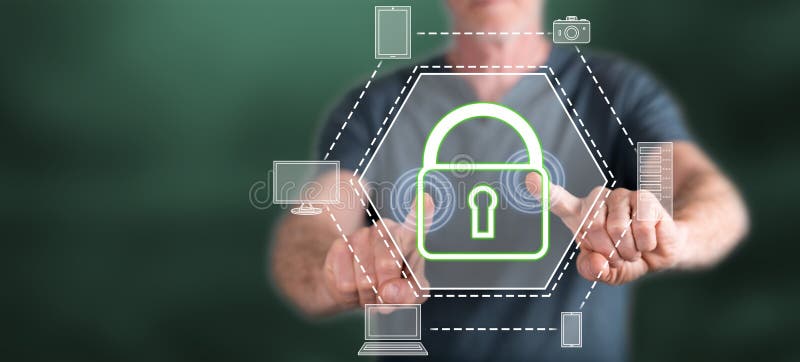 Man Touching a Devices Security Concept Stock Image - Image of devices ...