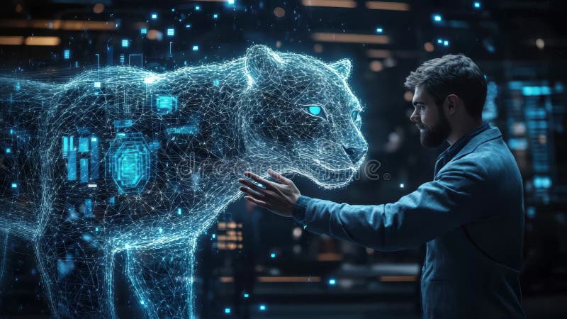 Man is Touching a Digital Image of a Tiger. the Image is a Computer ...