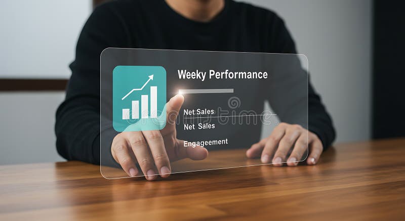 Man Touching Digital Screen Analyzing Weekly Performance with Sales and ...