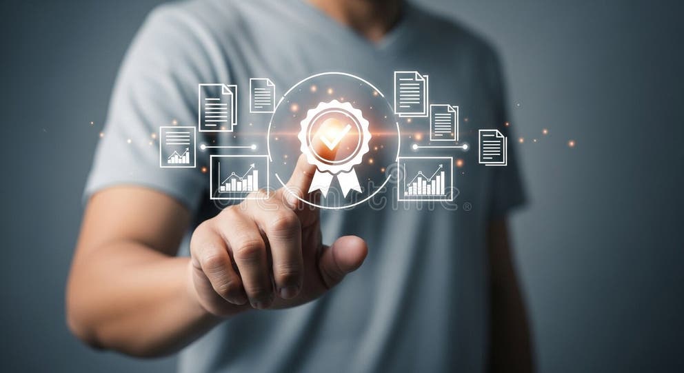 Man Touching Digital Screen with Certification and Data Icons Around ...