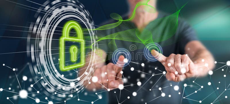Man Touching a Digital Security Concept Stock Photo - Image of computer ...