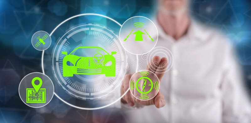 Man Touching a Self-driving Car Concept Stock Photo - Image of ...