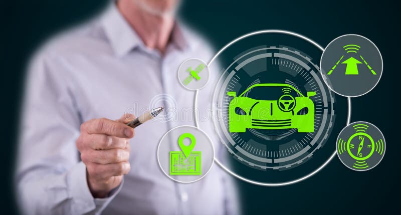 Man Touching a Driverless Car Concept Stock Photo - Image of autonomous ...