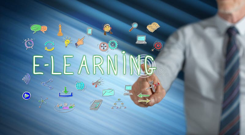 Man Touching an E-learning Concept Stock Image - Image of distance ...