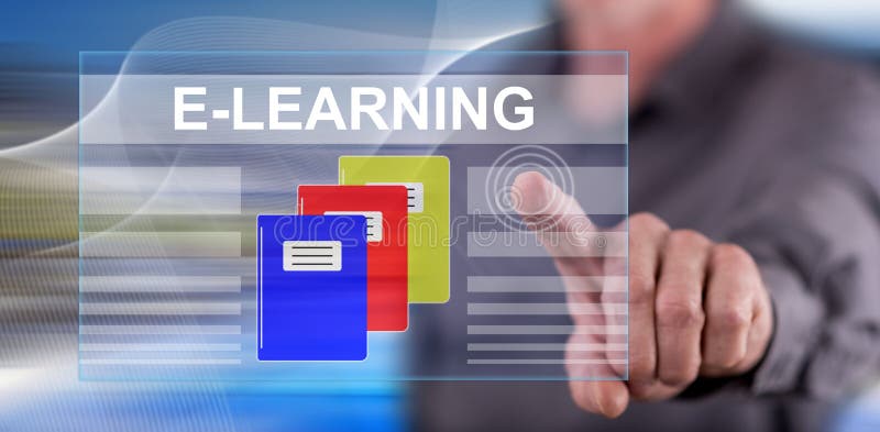 Man Touching an E-learning Concept Stock Image - Image of university ...