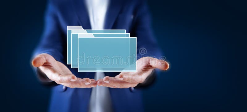 Man Touching Files in Screen. Stock Image - Image of data, technology ...