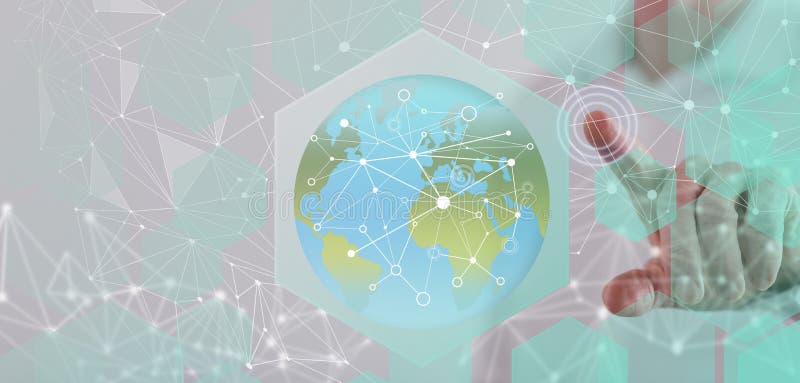 Man Touching a Global Connection Concept Stock Image - Image of global ...
