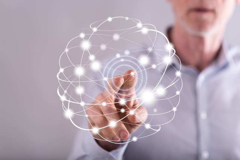 Man Touching Global Connection on a Touch Screen Stock Photo - Image of ...